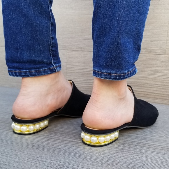 Shoes | Black Vegan Suede Loafer Open Toe Sandal Pearl | Poshmark